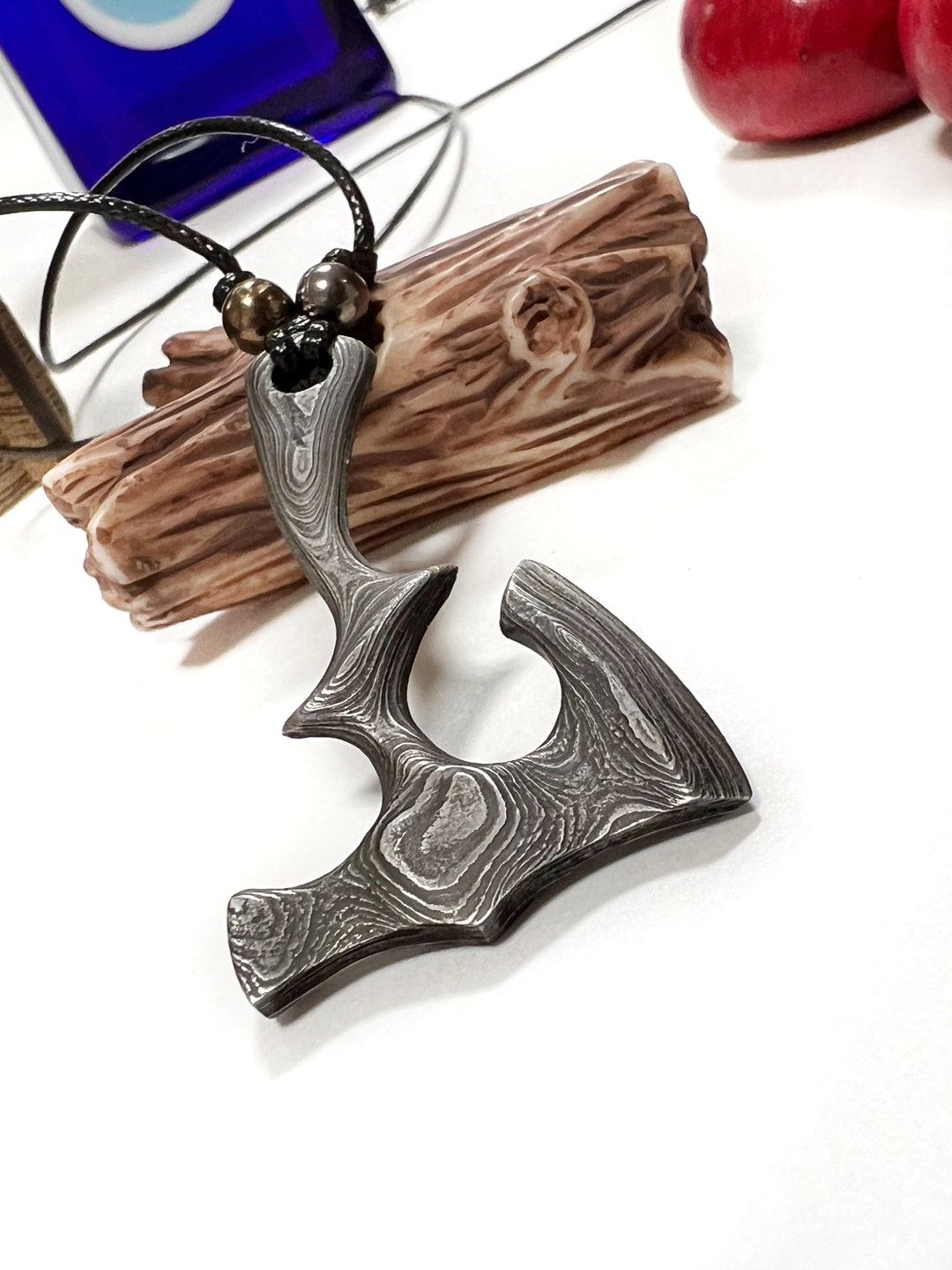 Damascus Steel Battle Axe Necklace, Mens Axe Pendant, Scandinavian ...
