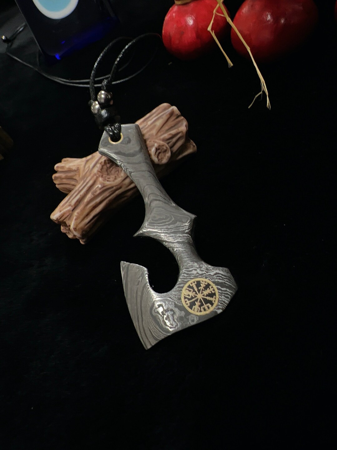 Damascus Battle Axe Necklace, Mens Axe Pendant, Vegvisir Symbole ...