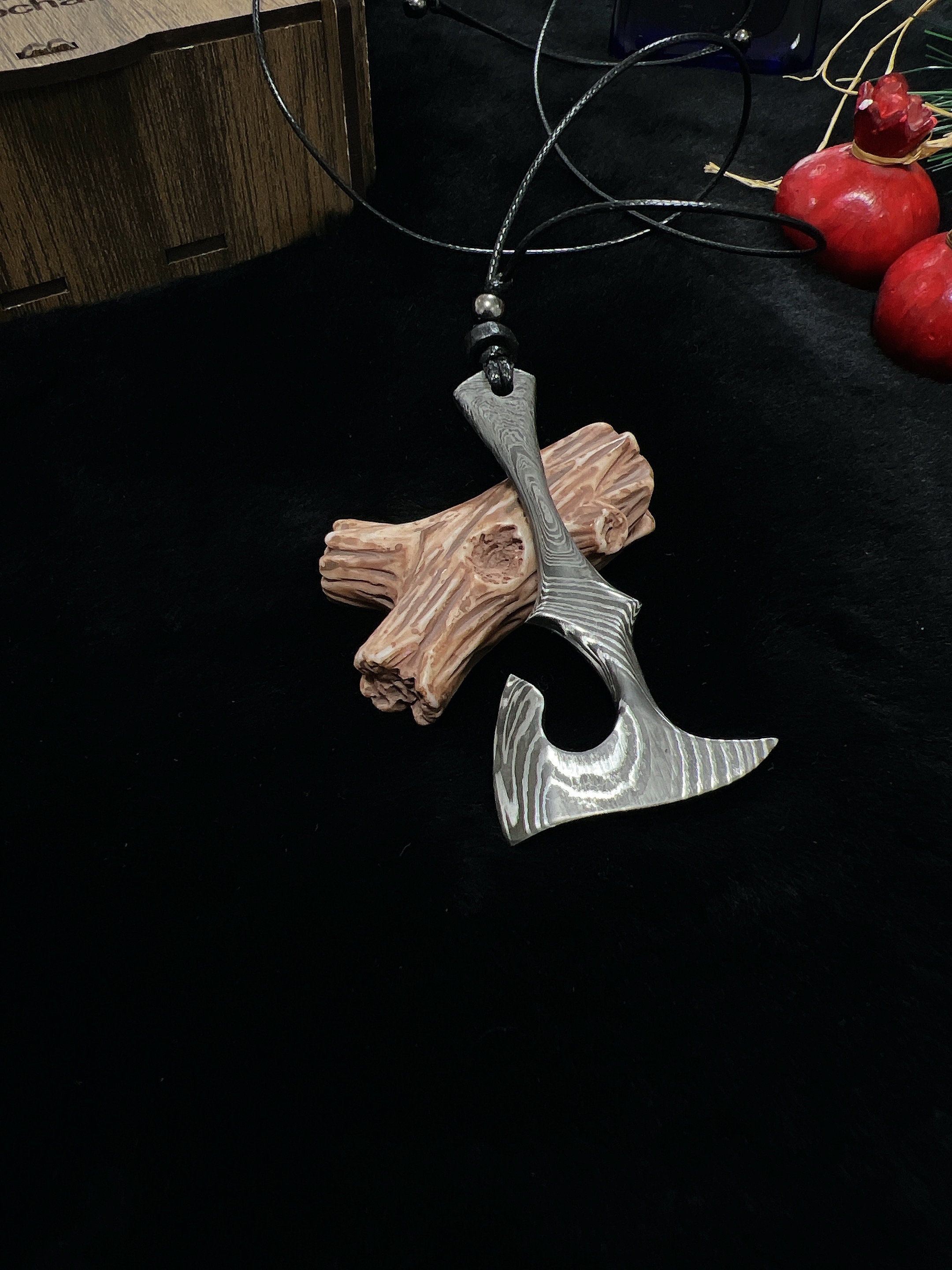 Damascus Battle Axe Necklace, Mens Axe Pendant, Viking Axe Necklace ...