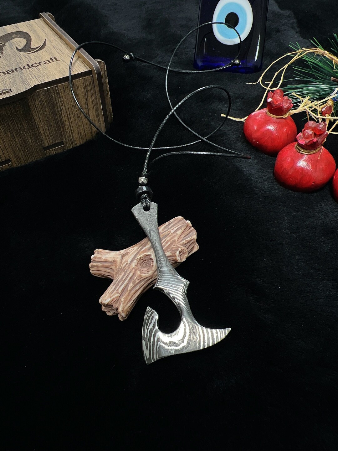 Damascus Battle Axe Necklace, Mens Axe Pendant, Viking Axe Necklace ...