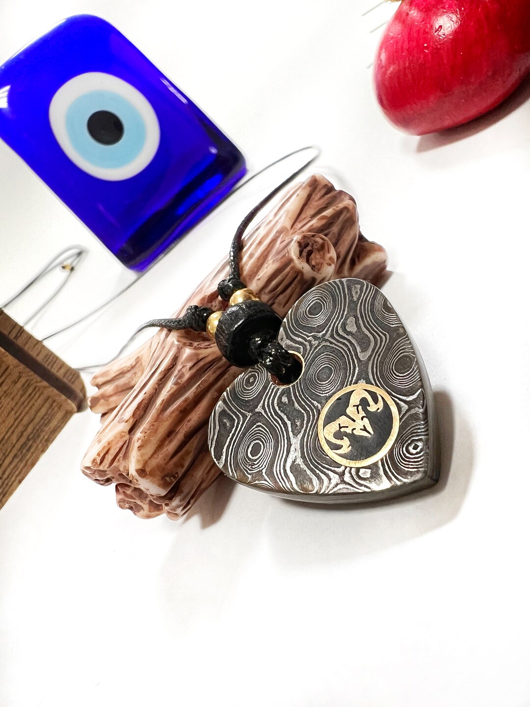 Damascus Steel Heart Necklace, Mens Necklace, Women Pendant, Damascus ...