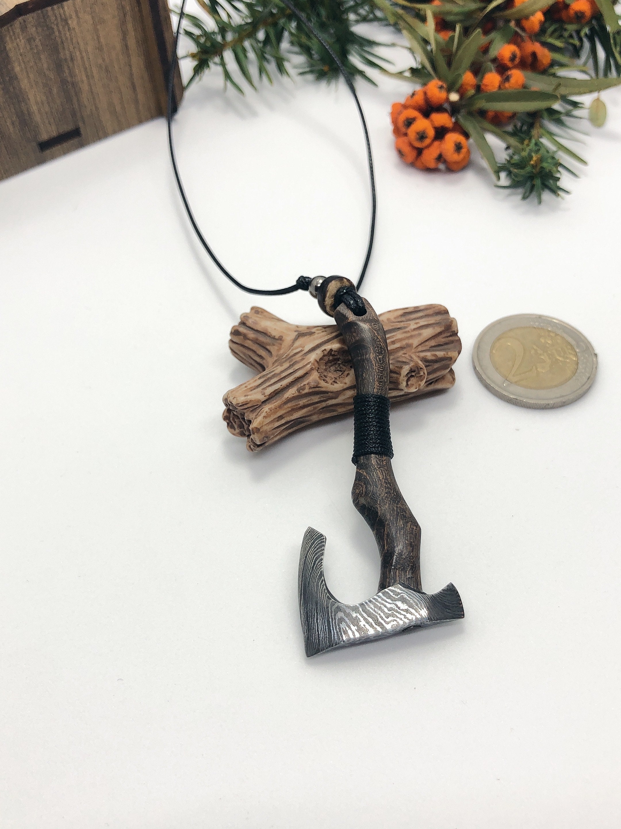 Damascus Battle Axe Necklace, Mens Axe Pendant, Viking, Necklace ...