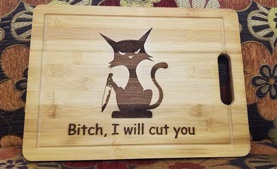 Cutting Board Cat With Knife Bamboo Wood Engraved | Etsy