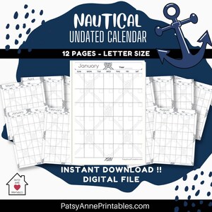 Nautical Undated Calendar Printable | Printable Nautical Undated ...