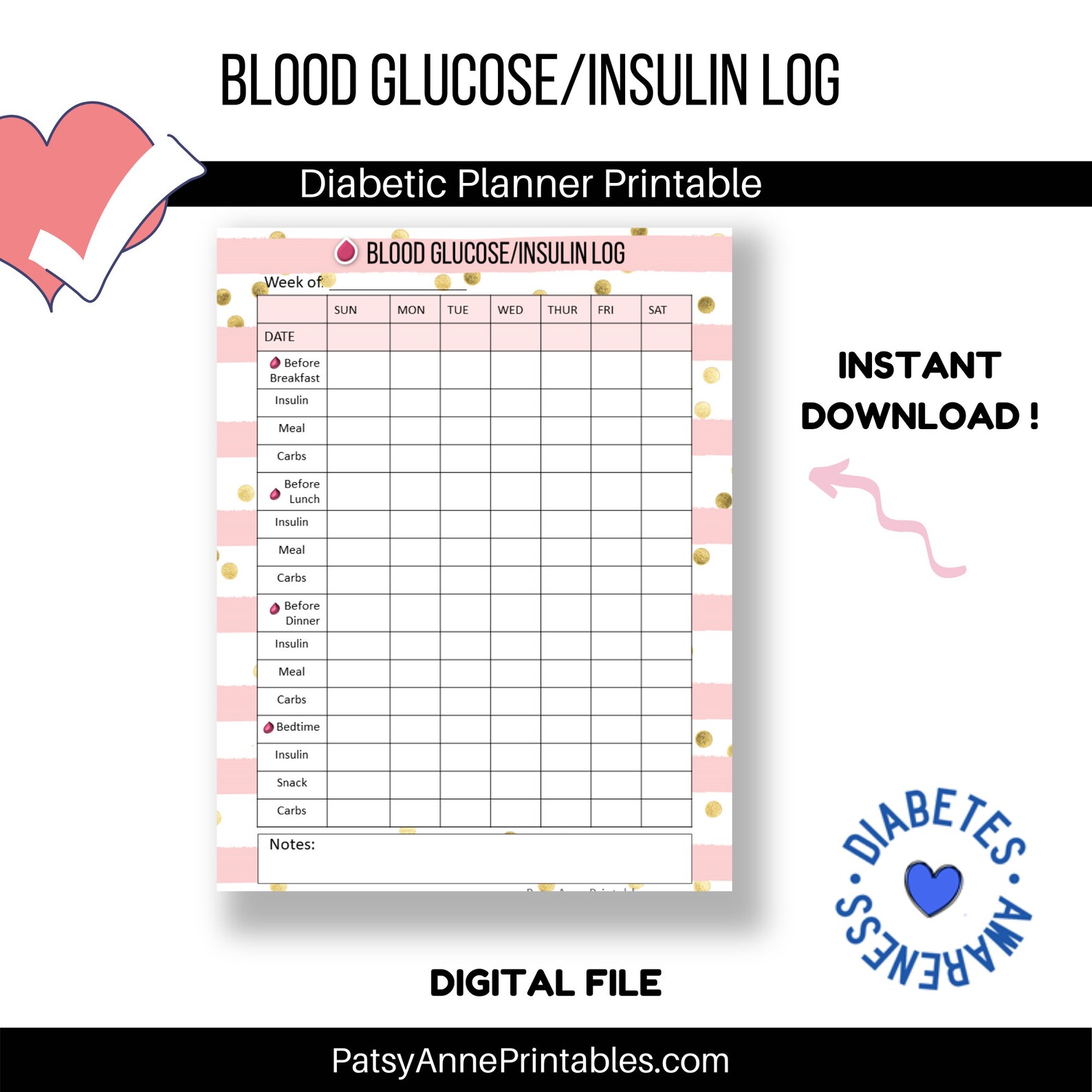 Pink Stripe Diabetes Tracker Bundle | Diabetic Planner Printable ...