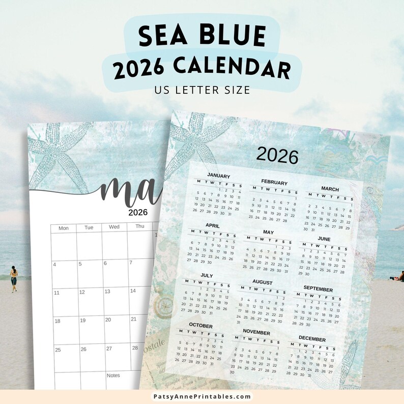 2026 Sea Blue Calendar, Ocean Theme Calendar Printable, Instant ...