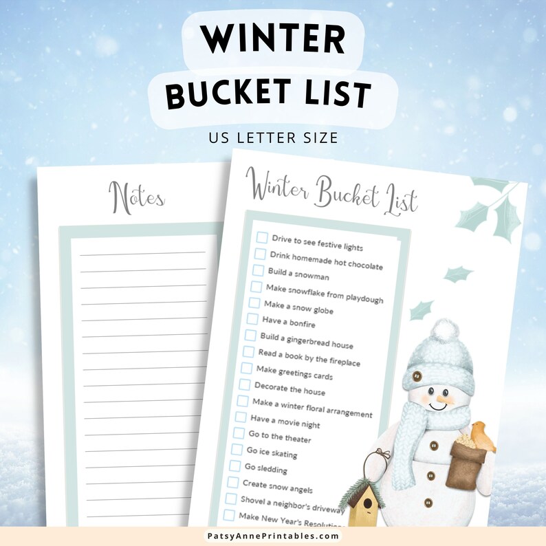 Winter Bucket List Printable Snowman Bucket List Printable - Etsy
