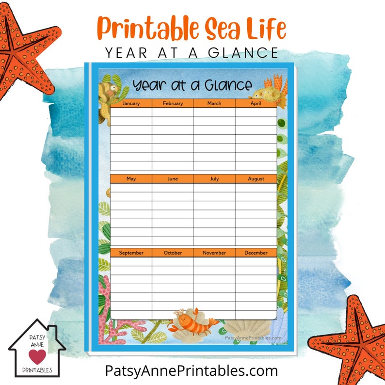 Sea Life Year at a Glance Printable | Printable Sea Life Year at a ...