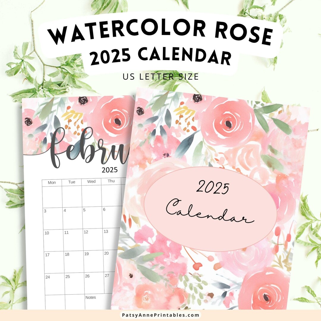 2025 Watercolor Rose Calendar, Rose Calendar Printable, Instant ...