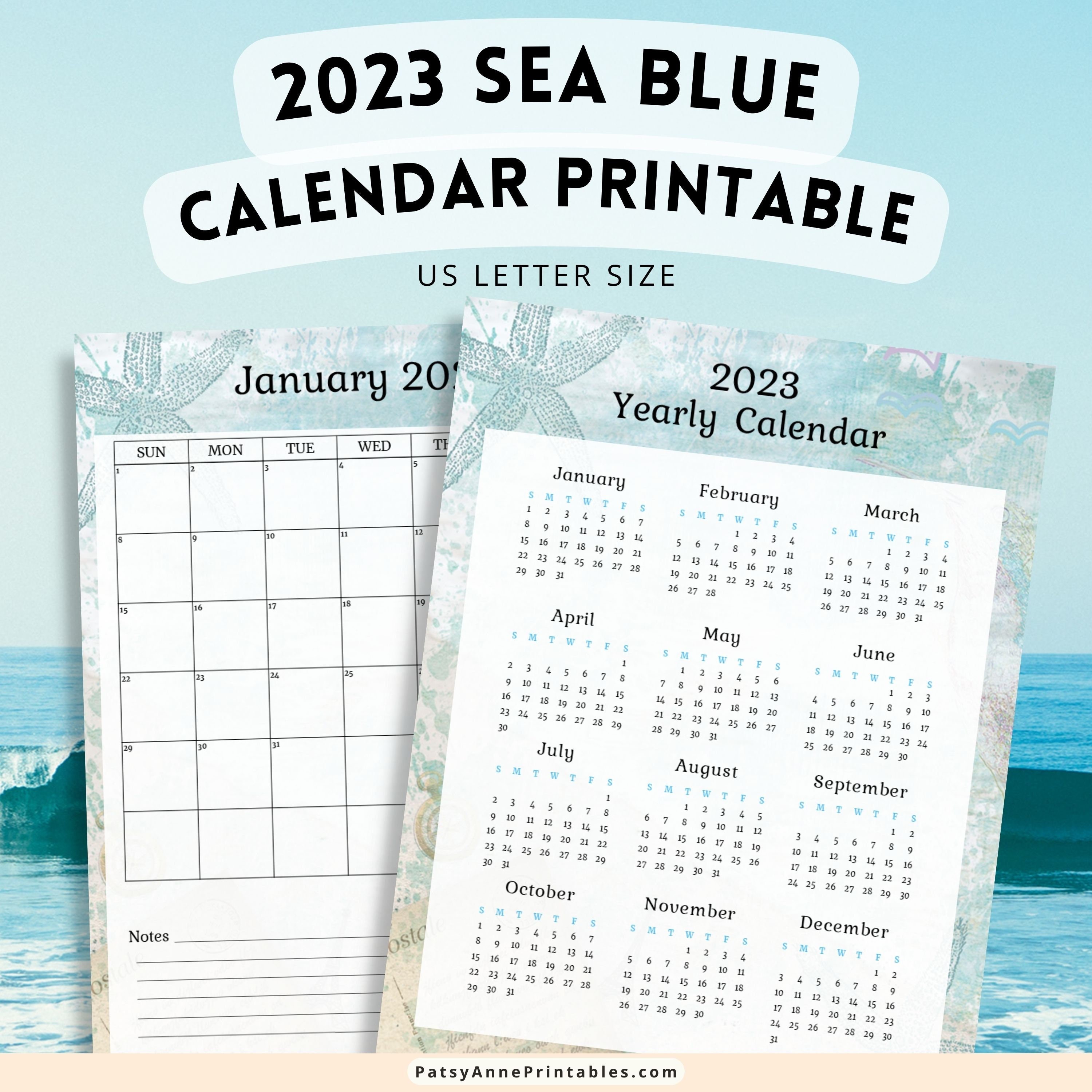Sea Blue 2023 Calendar Printable, Instant Download - Etsy
