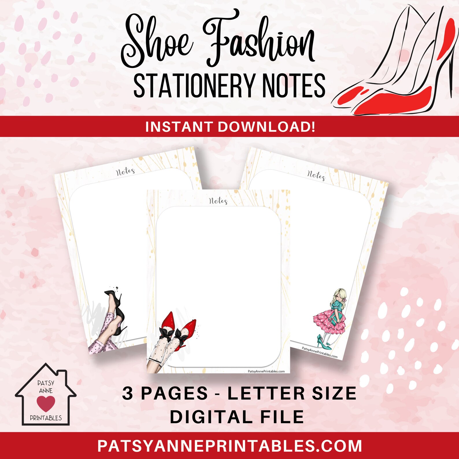Shoe Fashion Stationery Notes High Heel Fashion Notes Printable Instant ...
