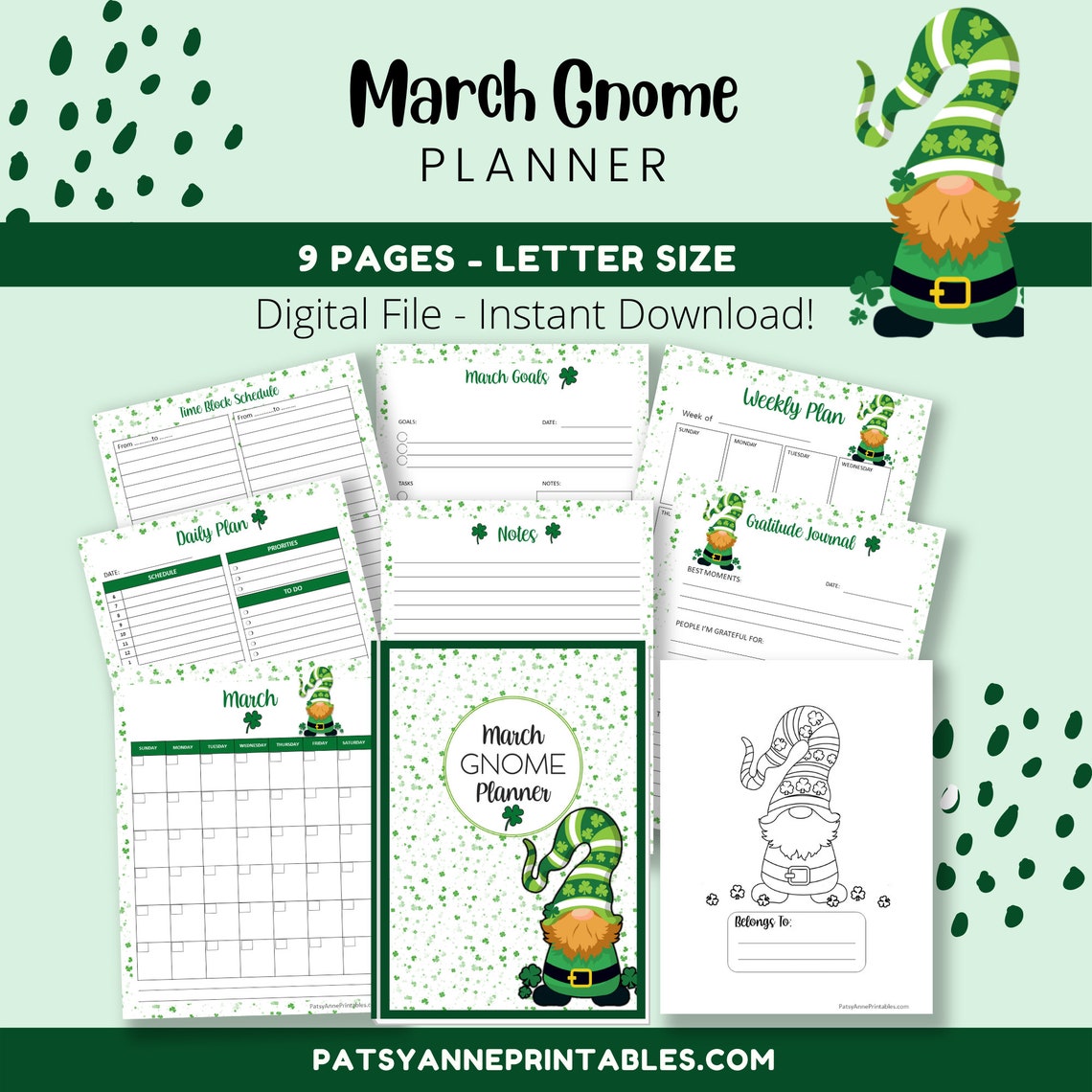 March Gnome Planner Printable, Calendar, Monthly Goals, Daily Plan ...