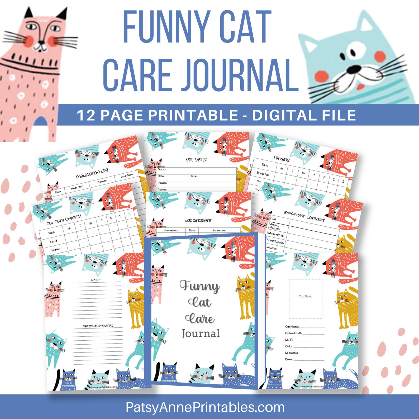 Funny Cat Care Journal Printable | Cat Care Notebook | Instant Download ...