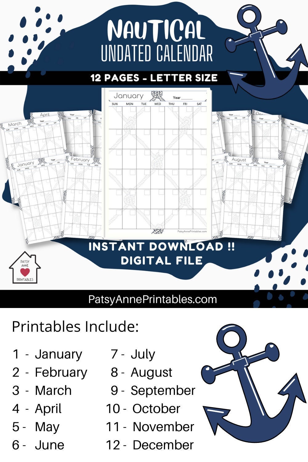 Nautical Undated Calendar Printable | Printable Nautical Undated ...