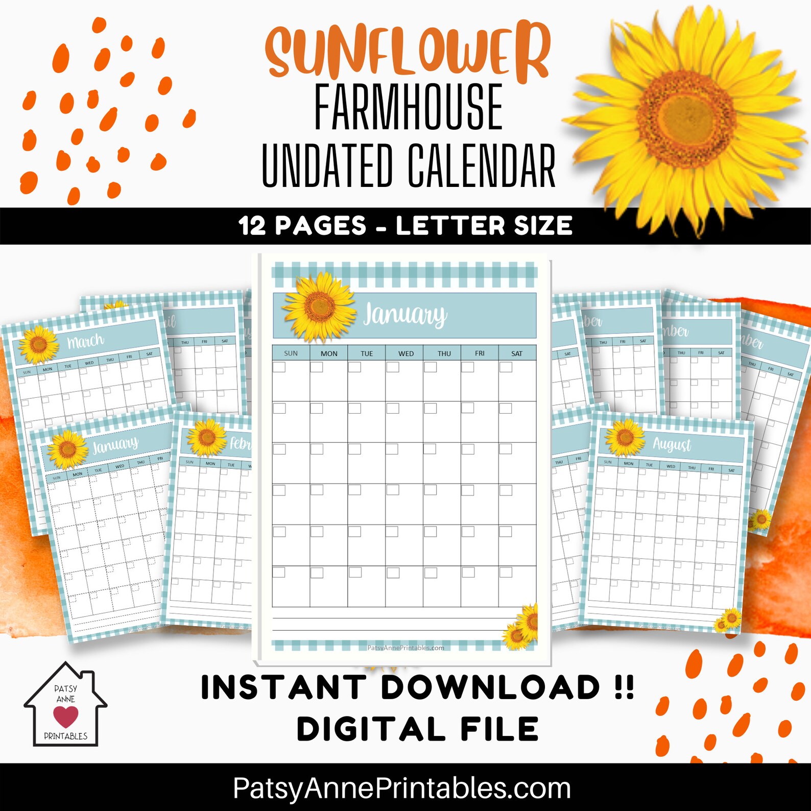 Sunflower Farmhouse Undated Calendar Printable, Floral, Spring, Gingham ...