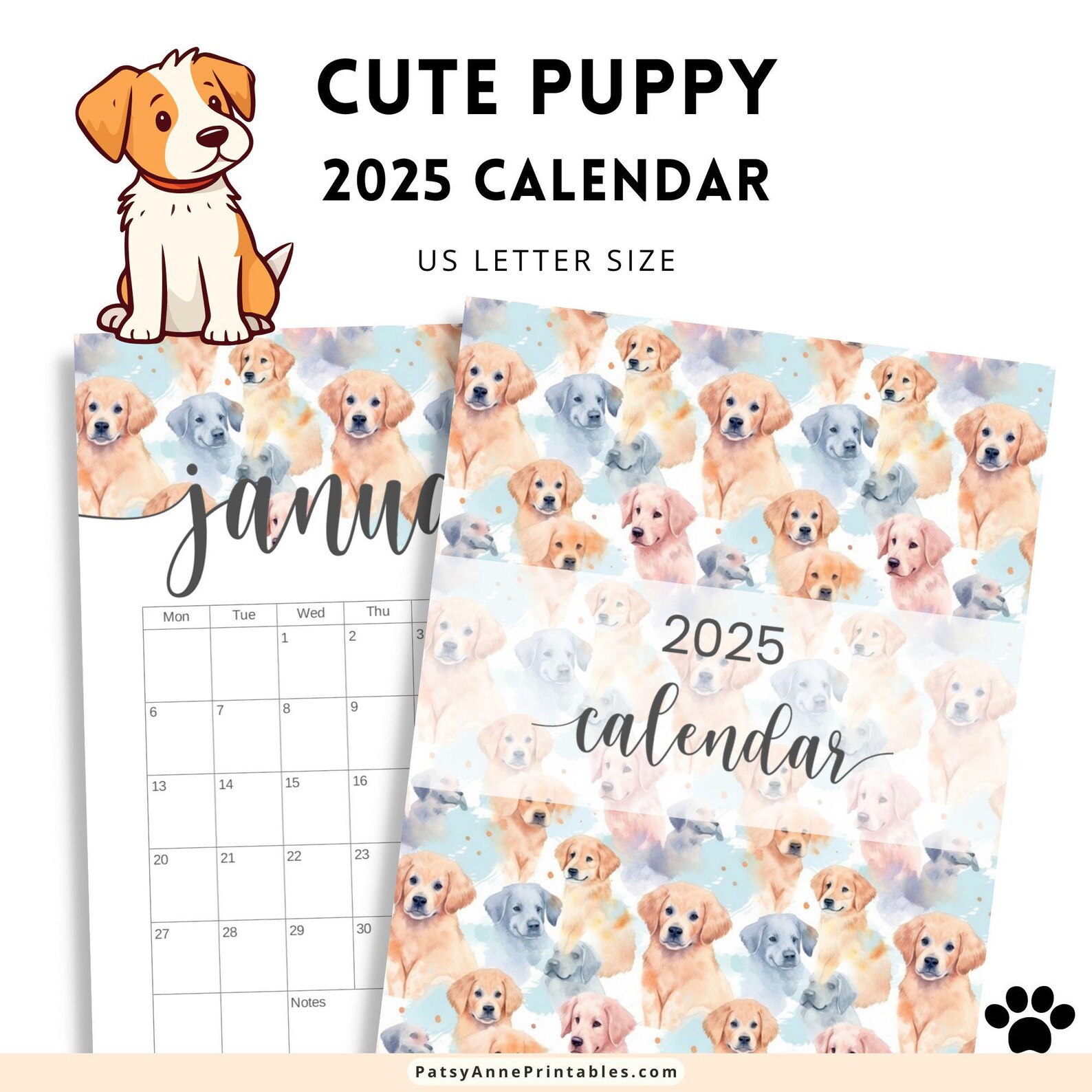 Cute Puppy 2025 Calendar, Watercolor Dog Theme Calendar Printable ...