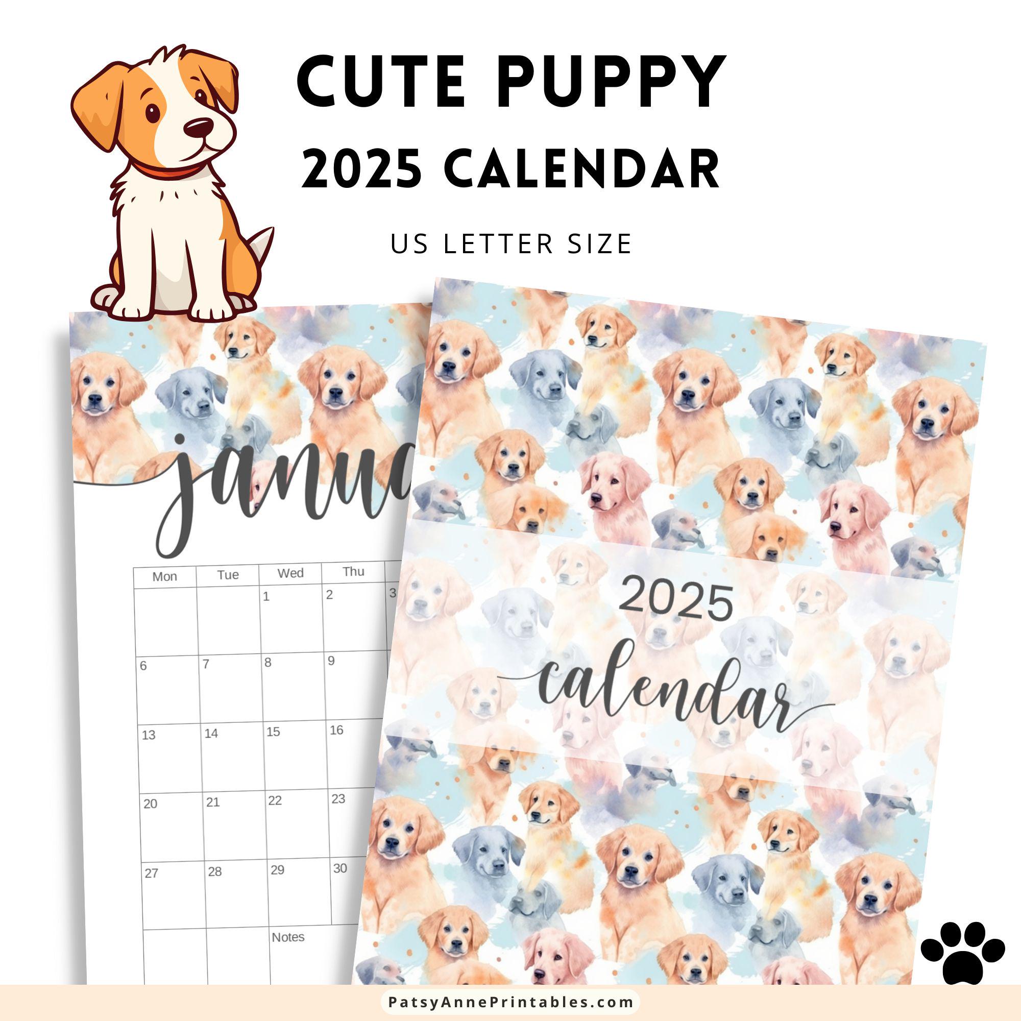 Cute Puppy 2025 Calendar, Watercolor Dog Theme Calendar Printable ...