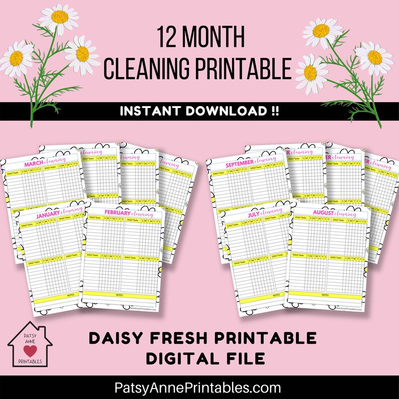 12 MONTH Daisy Fresh Cleaning Printable MONTHLY Cleaning Planner ...
