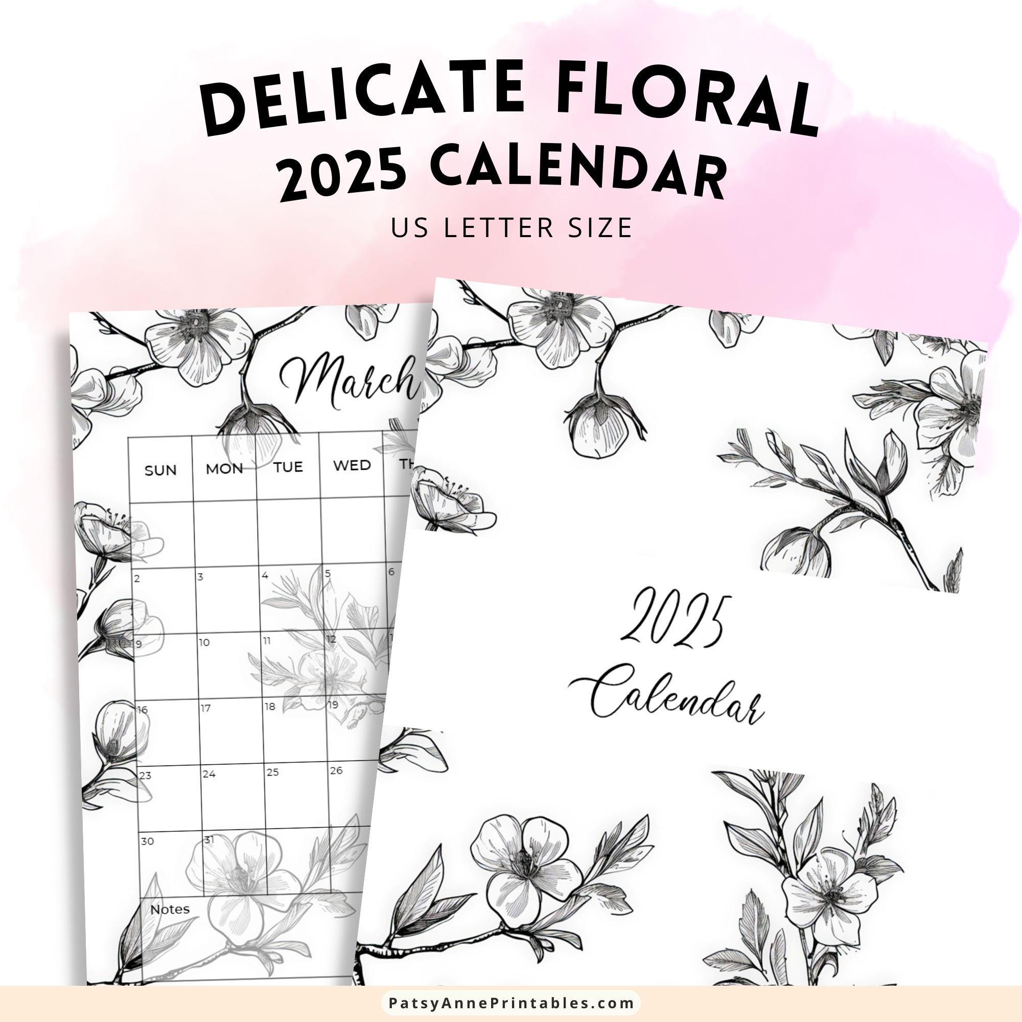 2025 Delicate Floral Calendar, Line Art Flowers Calendar Printable ...