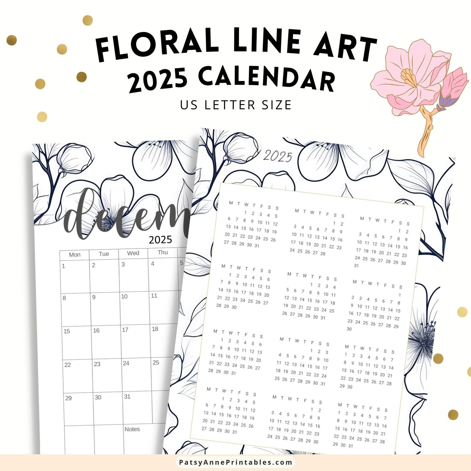 2025 Floral Line Art Calendar, Flowers Calendar Printable, Instant ...