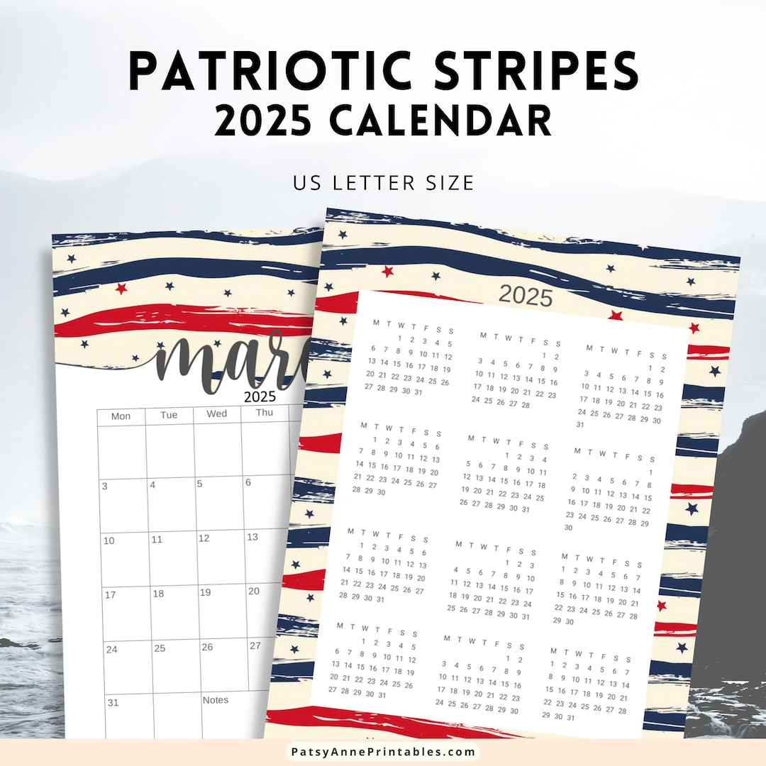 Patriotic Stripes 2025 Calendar, American Calendar Printable, Instant ...