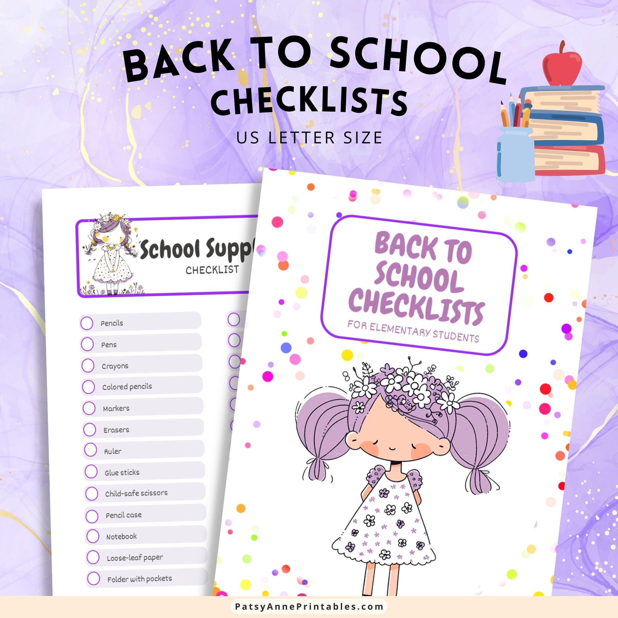 Little Girl Back to School Checklists, Elementary School Lavender Theme ...