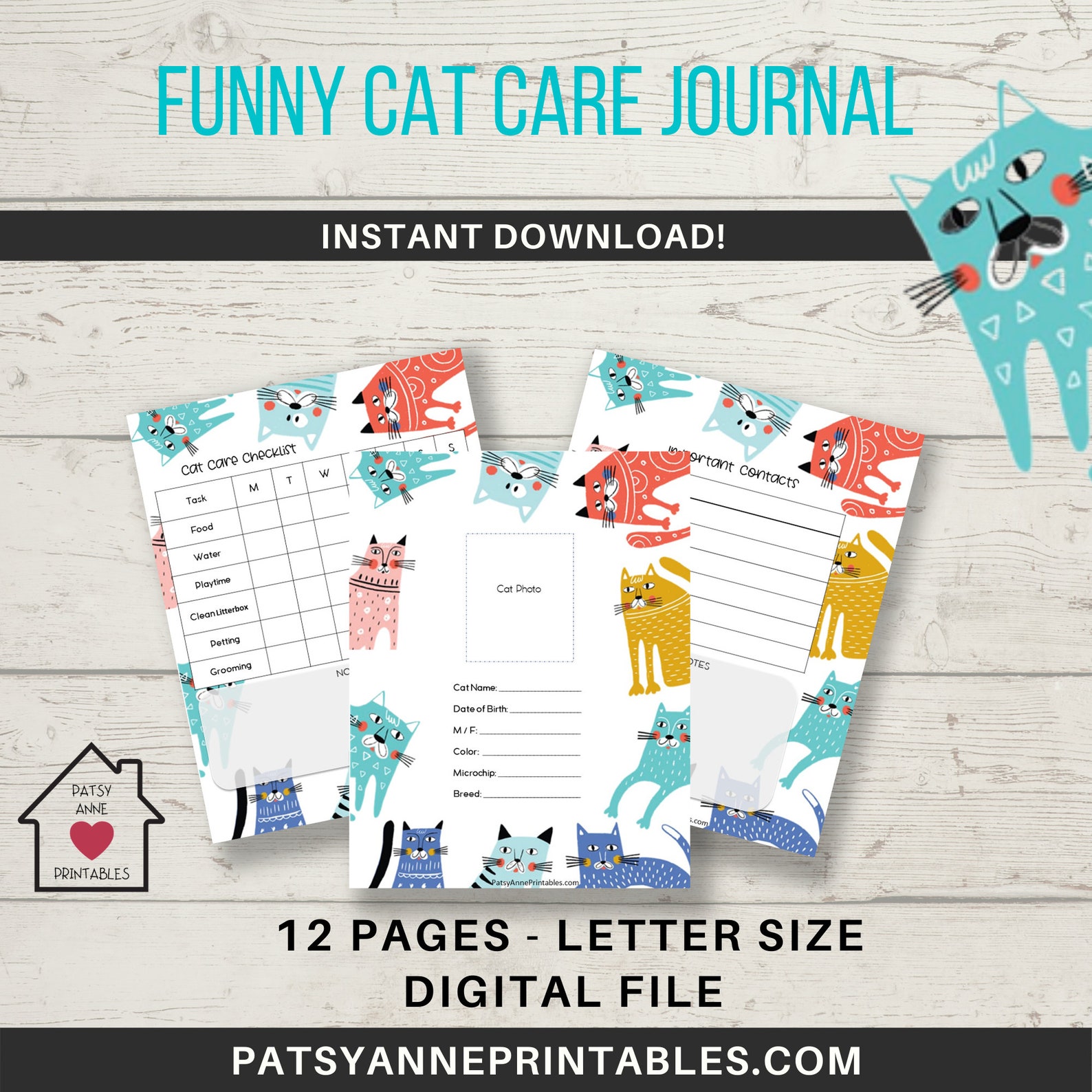 Funny Cat Care Journal Printable | Cat Care Notebook | Instant Download ...