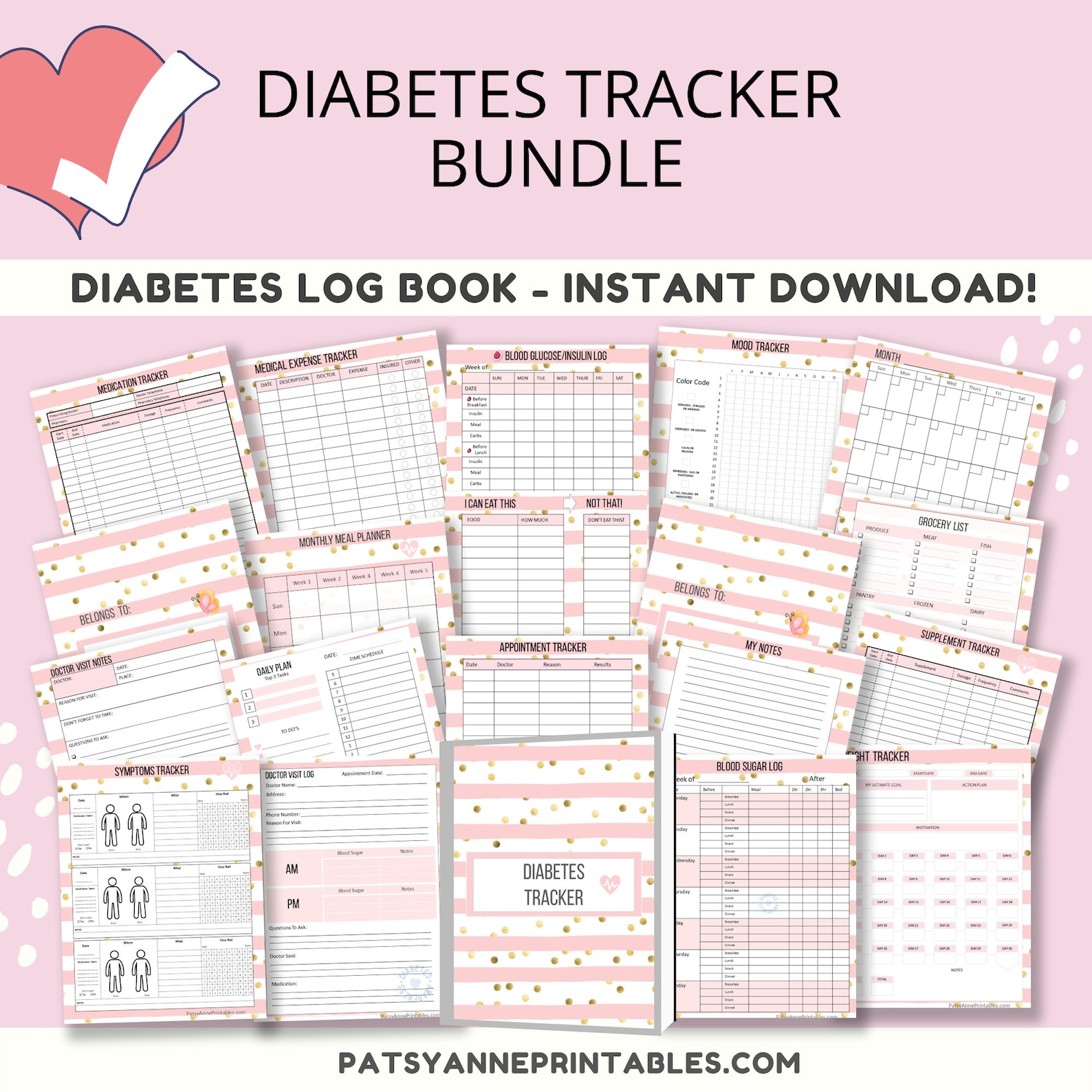 Pink Stripe Diabetes Tracker Bundle | Diabetic Planner Printable ...