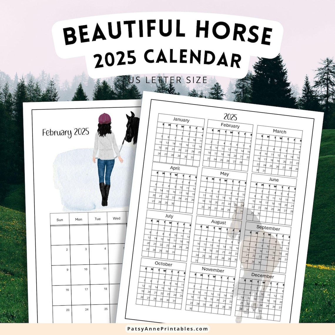 2025 Beautiful Horse Calendar, Monthly Printable Calendar, Instant ...