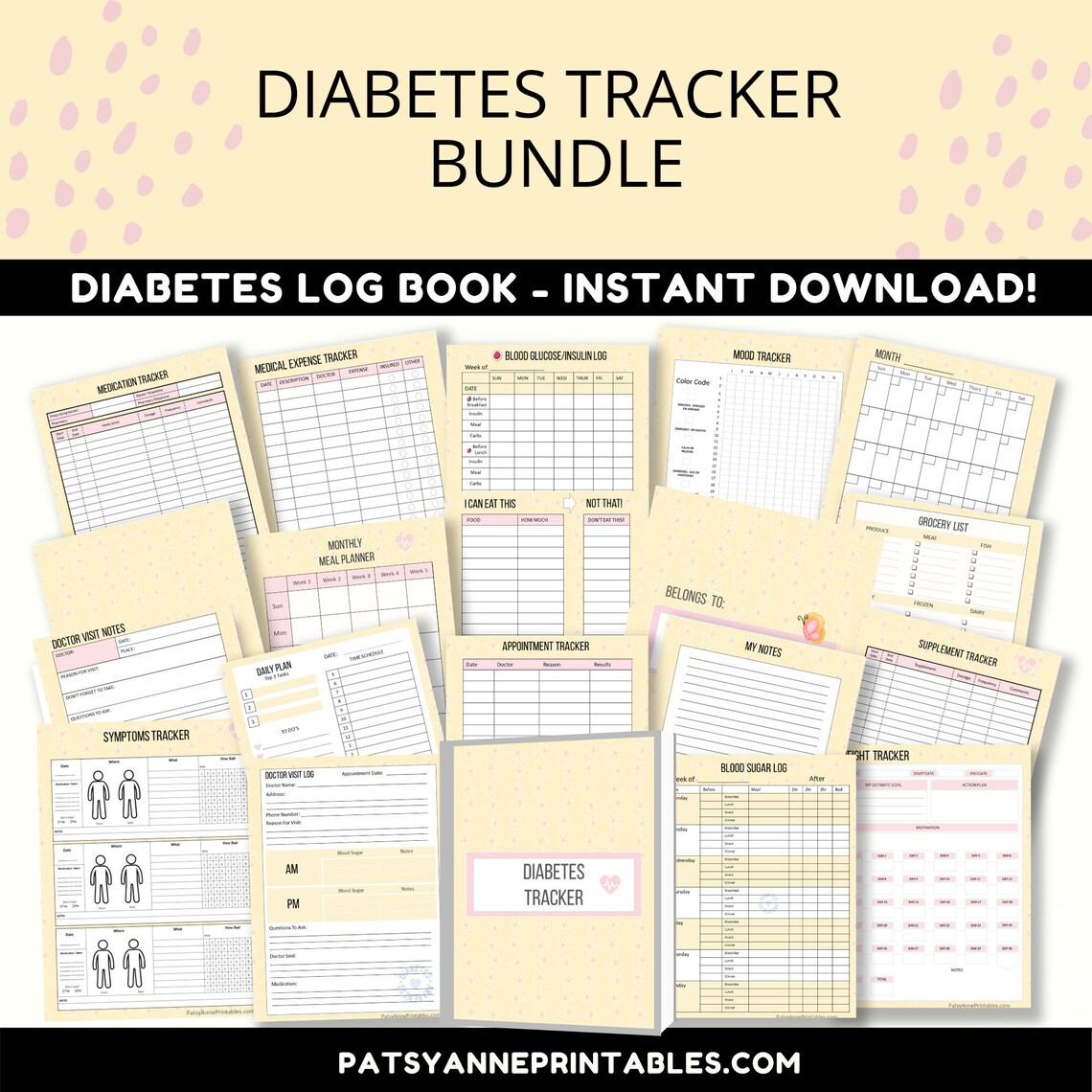Pretty Yellow Diabetes Tracker Bundle Diabetic Planner | Etsy