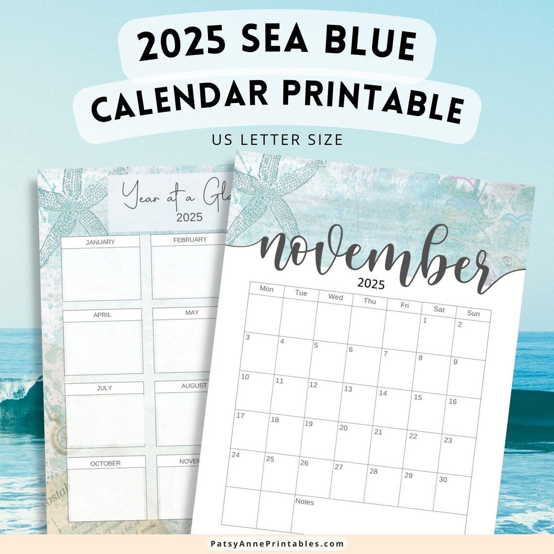2025 Sea Blue Calendar, Ocean Theme Calendar Printable, Instant ...
