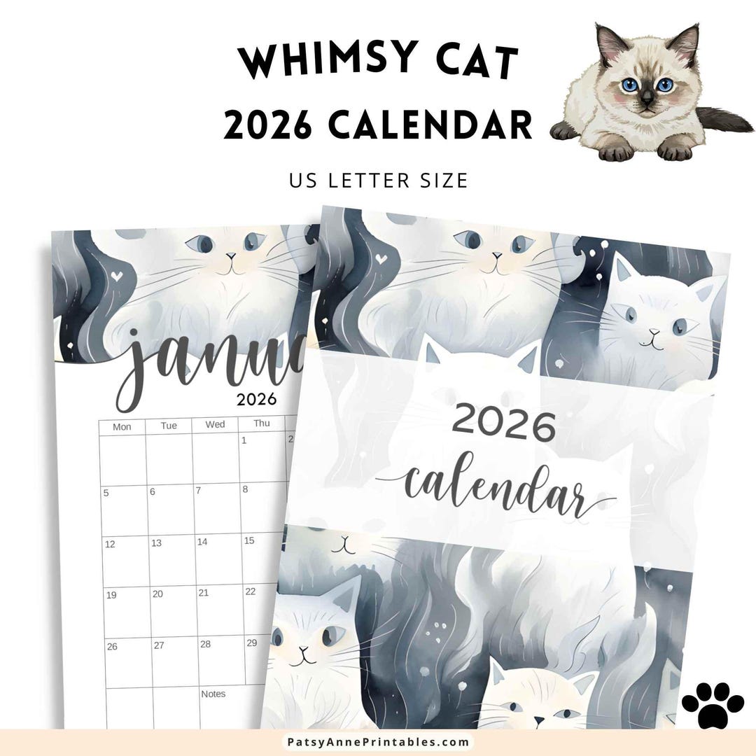 2026 Calendar Whimsy Cat, Cat Theme Printable, Instant Download! - Etsy