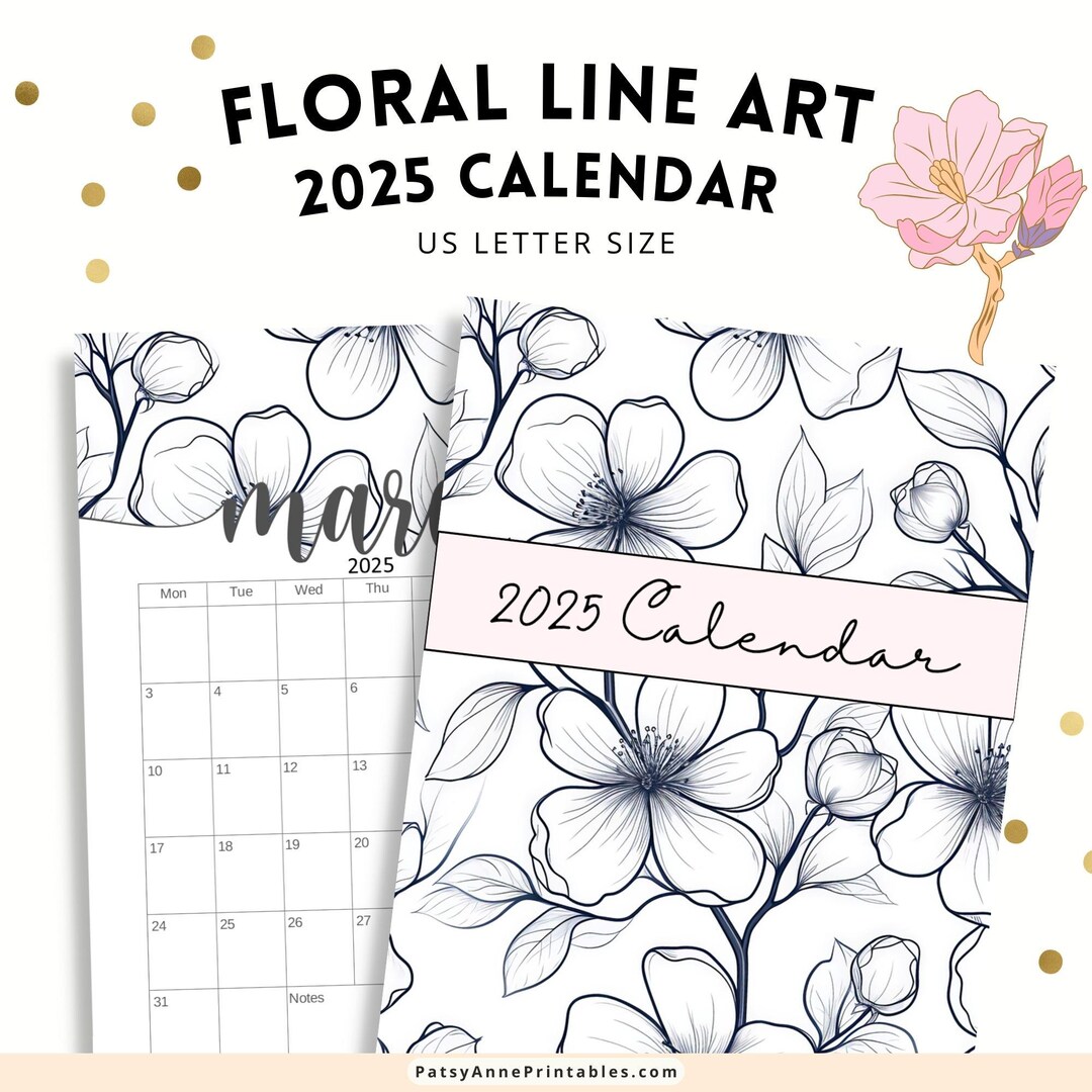 2025 Floral Line Art Calendar, Flowers Calendar Printable, Instant ...