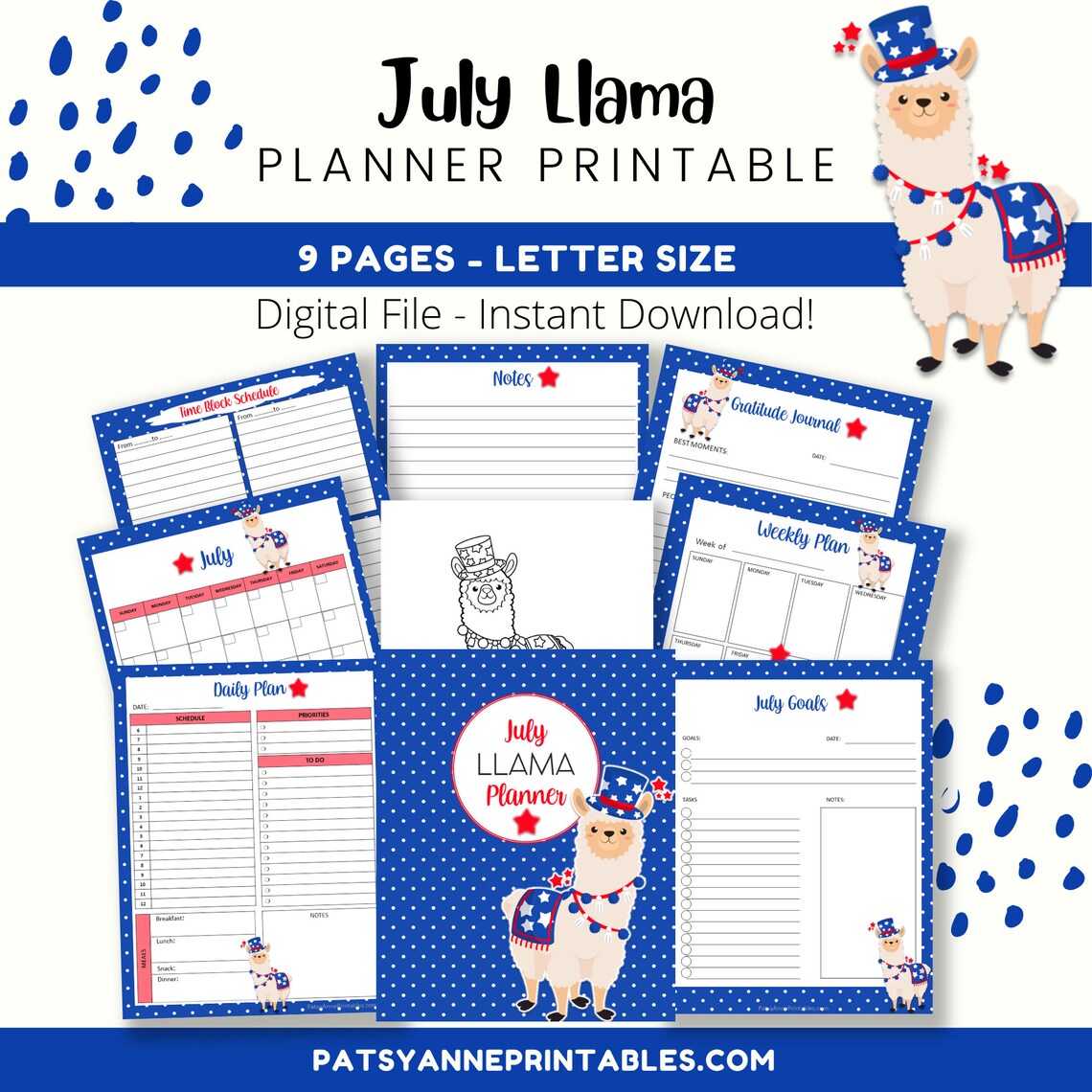 July Llama Planner Printable, Calendar, Monthly Goals, Daily Plan ...