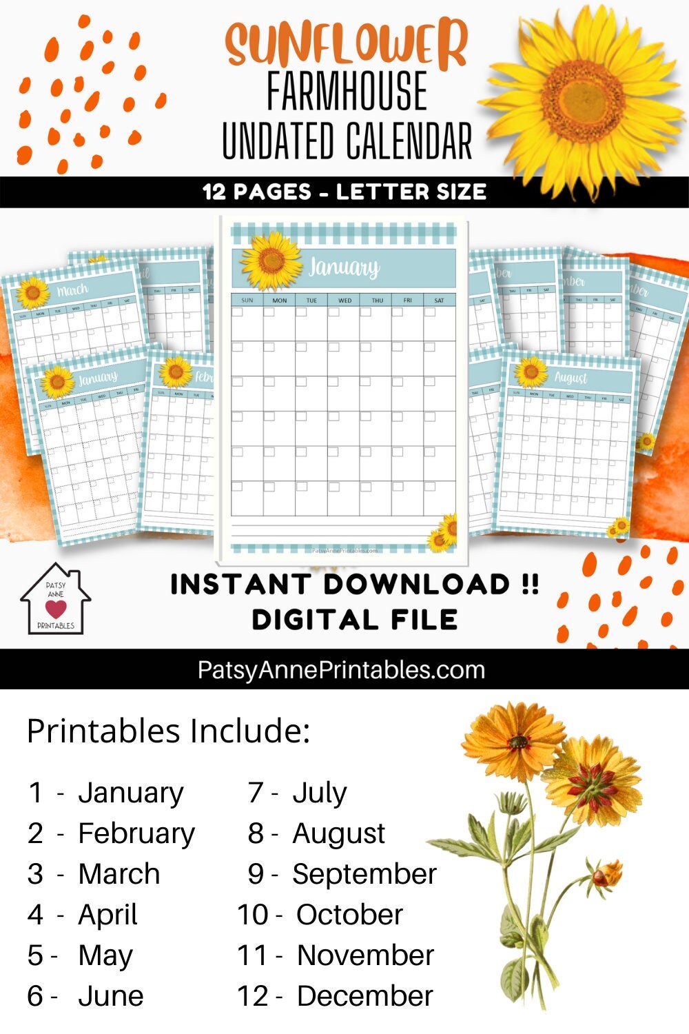 Sunflower Farmhouse Undated Calendar Printable, Floral, Spring, Gingham ...