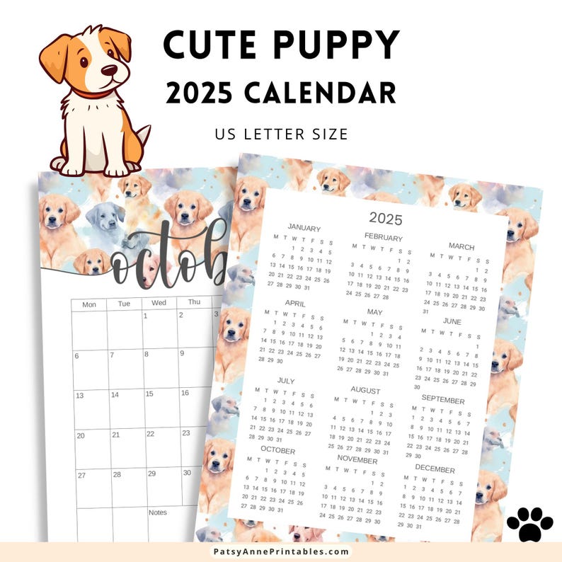 Cute Puppy 2025 Calendar, Watercolor Dog Theme Calendar Printable ...