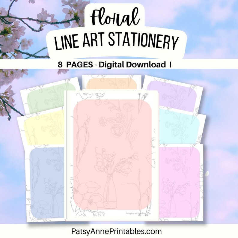 Floral Line Art Stationery Printable | Eight Pastel Note Pages ...