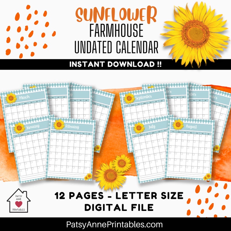 Sunflower Farmhouse Undated Calendar Printable, Floral, Spring, Gingham ...