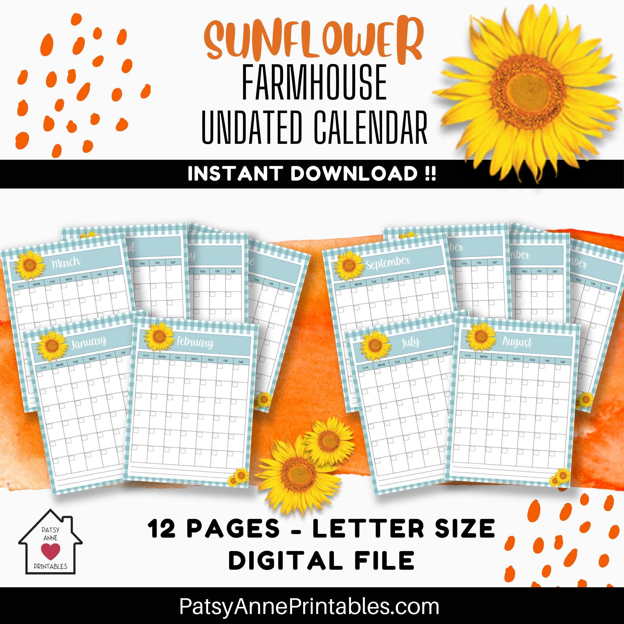 Sunflower Farmhouse Undated Calendar Printable, Floral, Spring, Gingham ...
