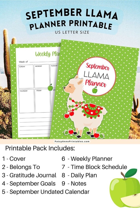 September Llama Planner Printable Calendar Goals Daily - Etsy