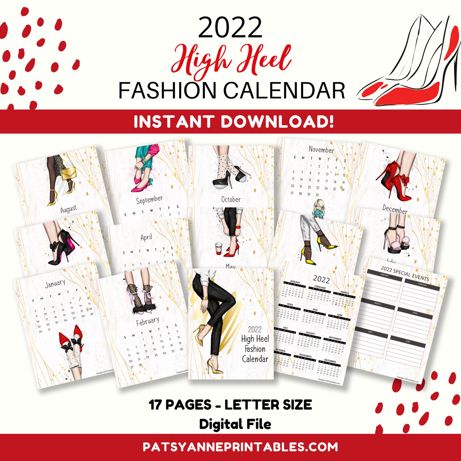 2022 High Heel Fashion Calendar Printable Fashion Shoe Calendar Instant ...