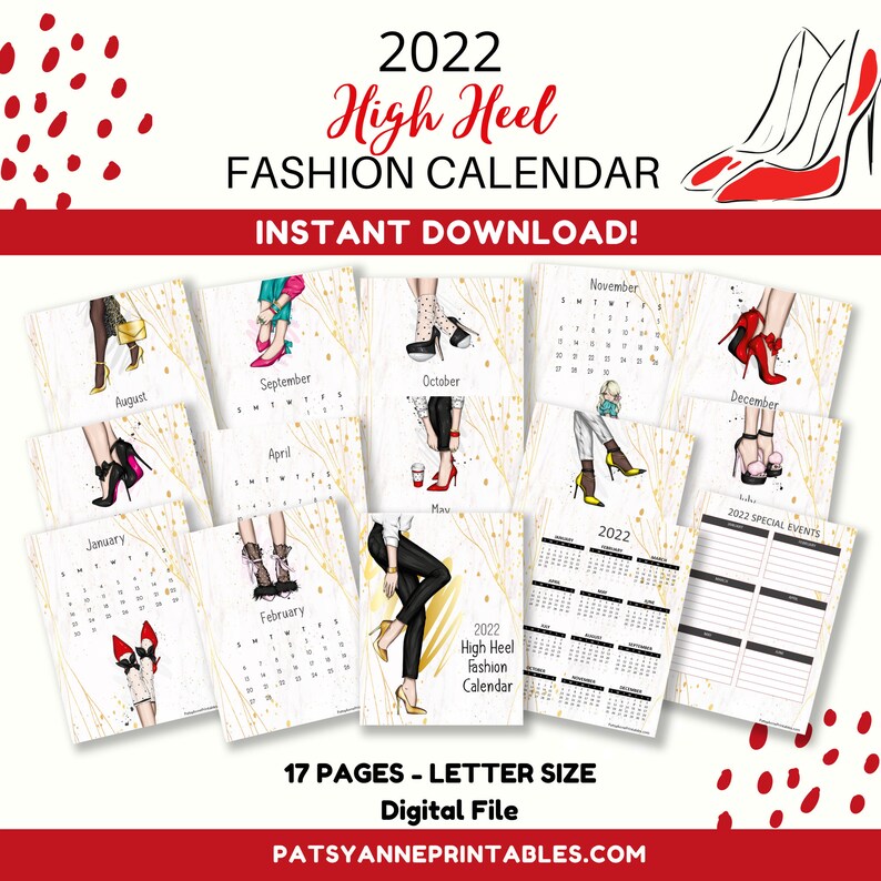 2022 High Heel Fashion Calendar Printable Fashion Shoe Calendar Instant ...