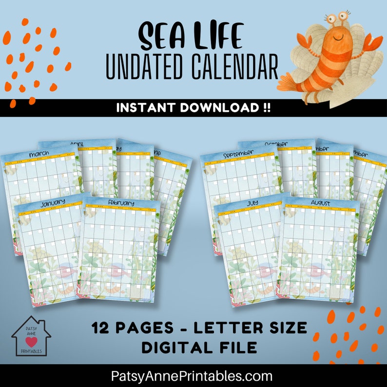 Sea Life Undated Calendar Printable Printable Sea Life Undated Calendar ...