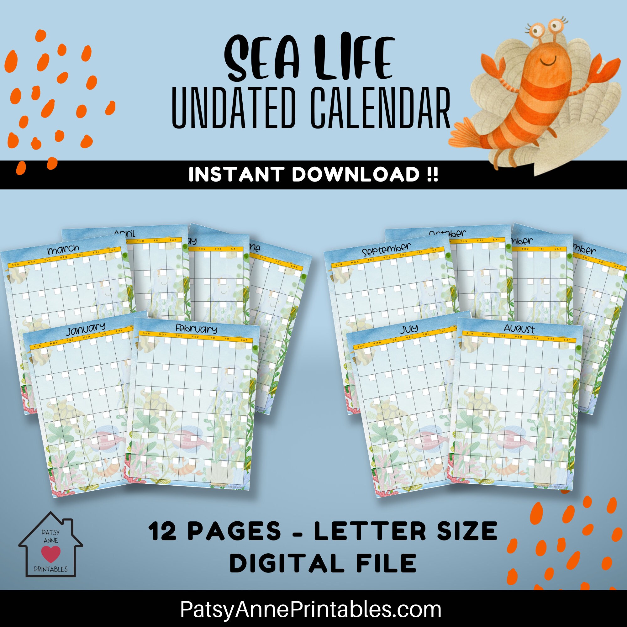 Sea Life Undated Calendar Printable Printable Sea Life Undated Calendar ...