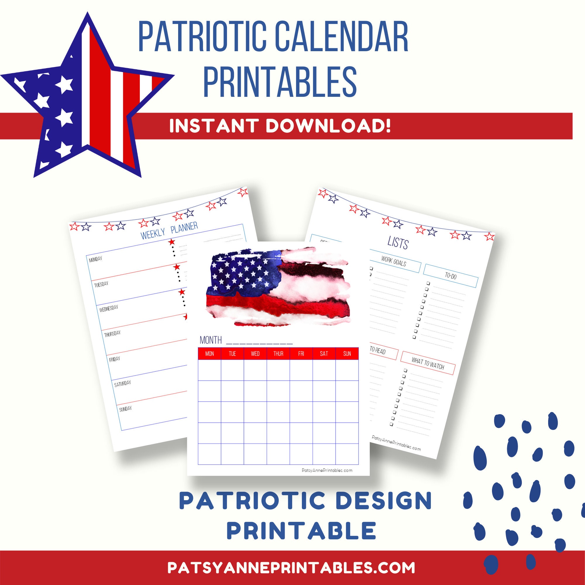 Patriotic Planner Printable Red White & Blue Design Instant Download - Etsy