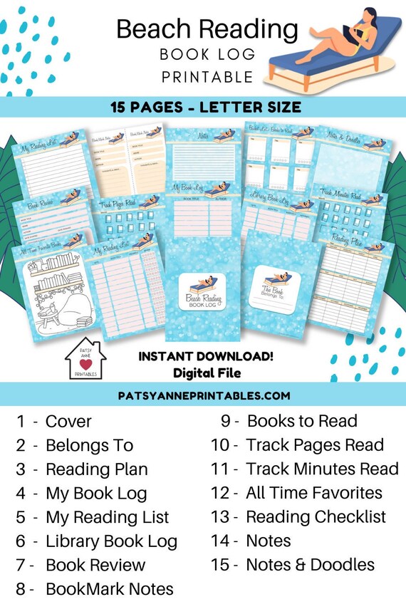 Beach Reading Book Log Printable Bundle Reading Tracker | Etsy
