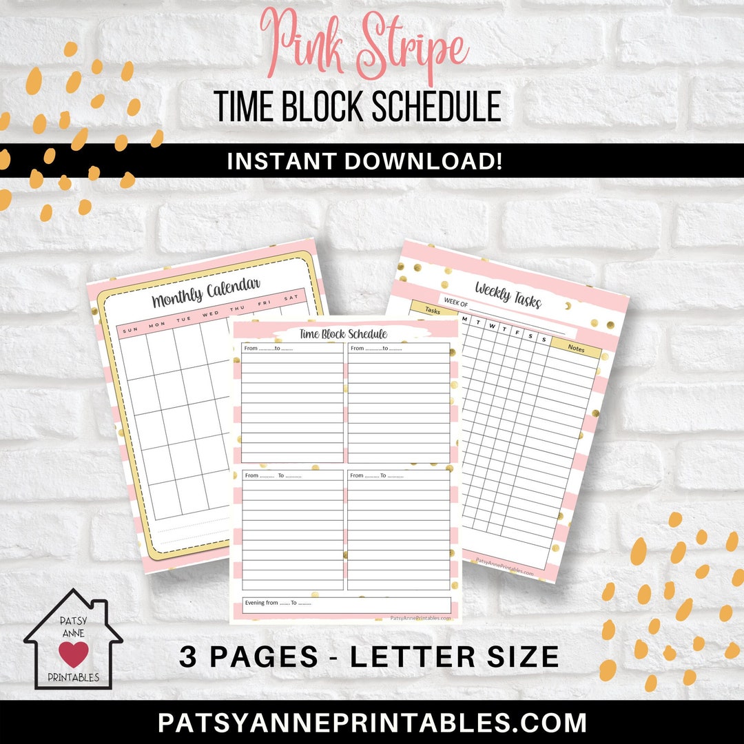 Pink Stripe Time Block Schedule Printable Pretty Pink Planner Printable ...