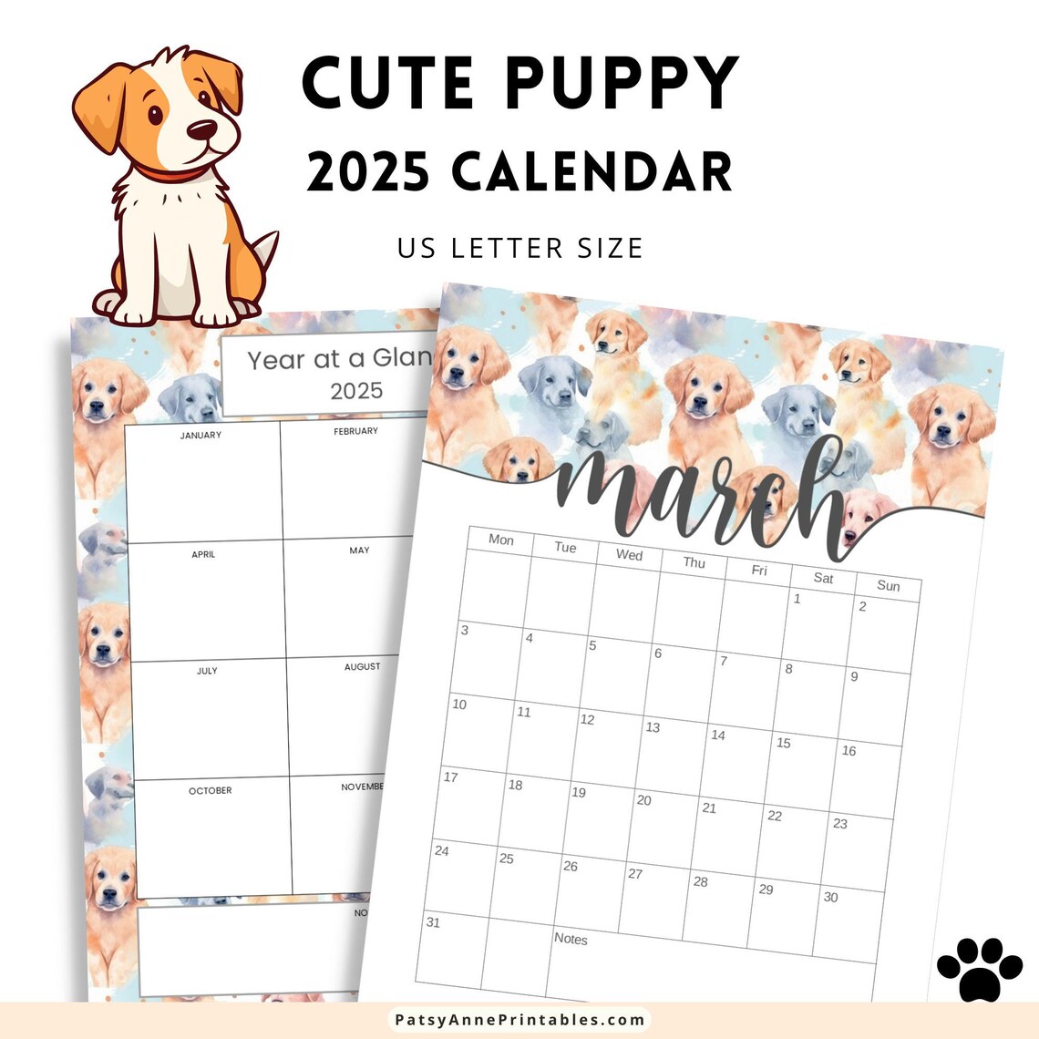 Cute Puppy 2025 Calendar, Watercolor Dog Theme Calendar Printable ...
