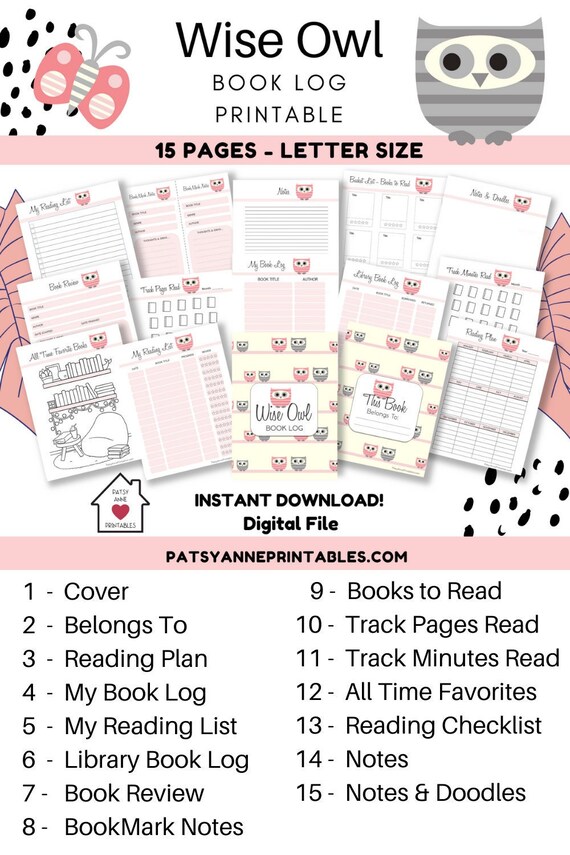 Wise Owl Book Log Printable Bundle Reading Tracker Instant - Etsy