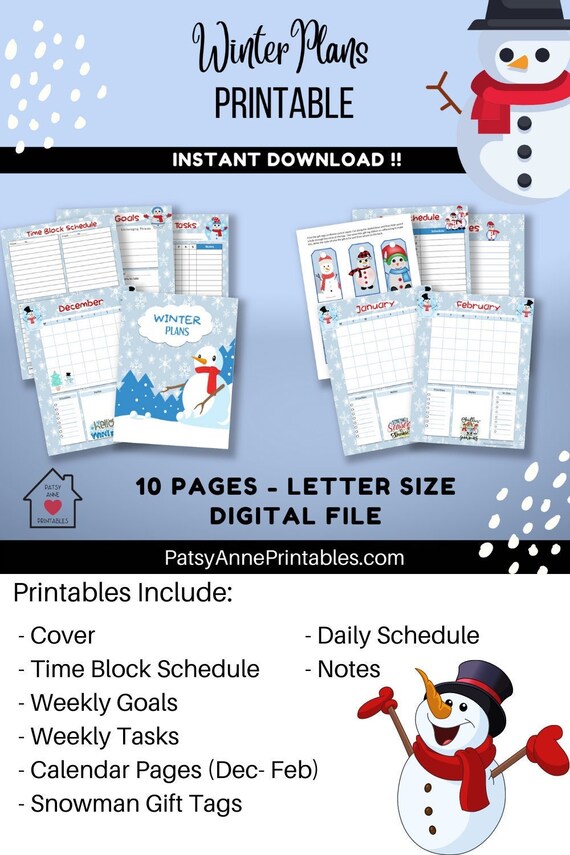 Winter Plans Printable Cute Snowman Planner Printable | Etsy